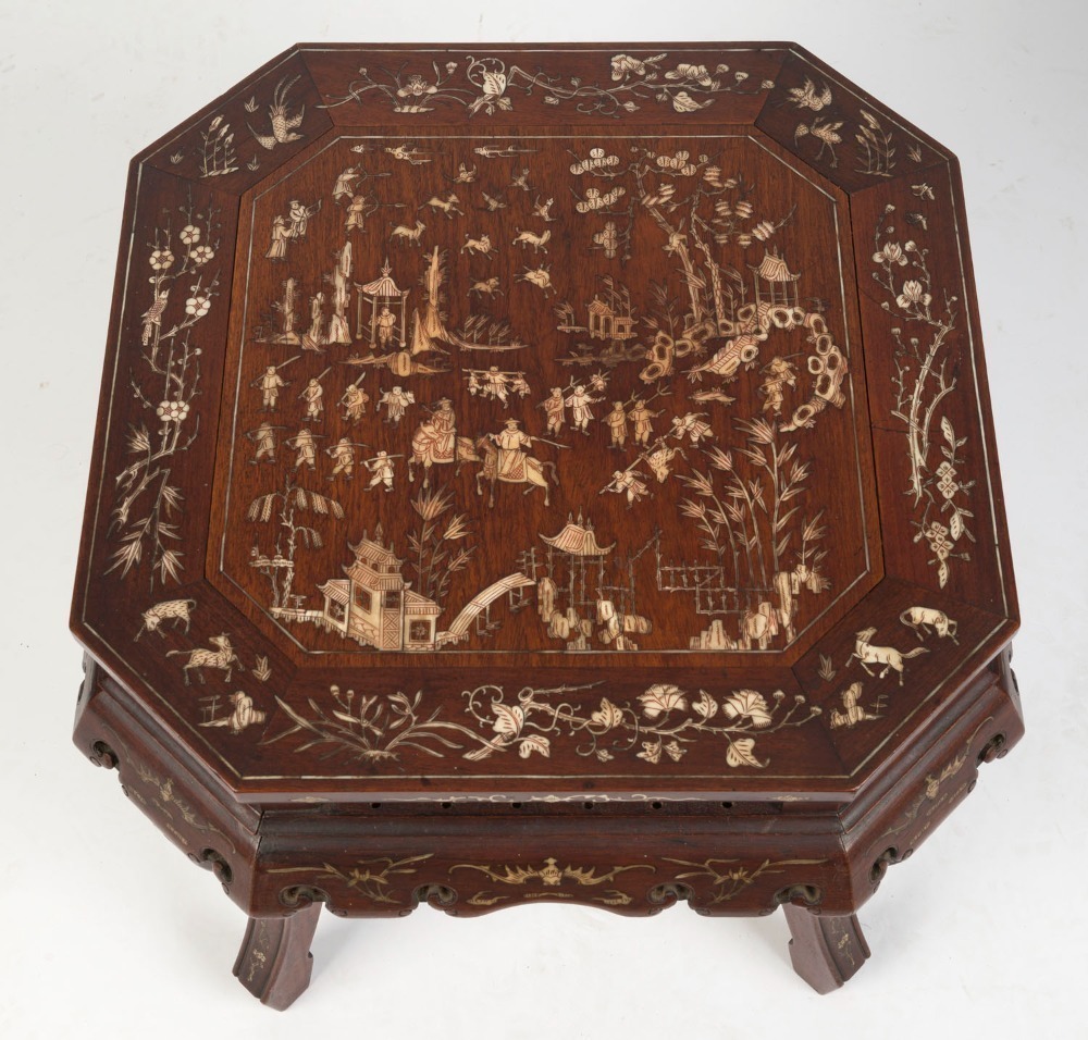 An antique Chinese rosewood occasional table inlaid with bone and ivory ...