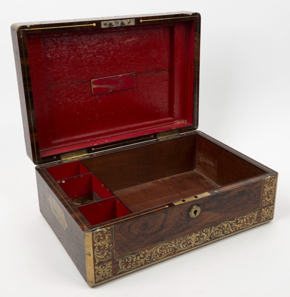 Antique English rosewood box with brass inlay, (missing interior slope ...