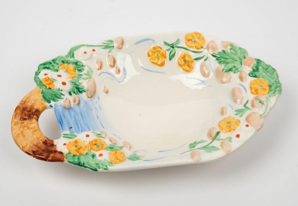 CLARICE CLIFF English floral porcelain dish, green factory mark to base ...
