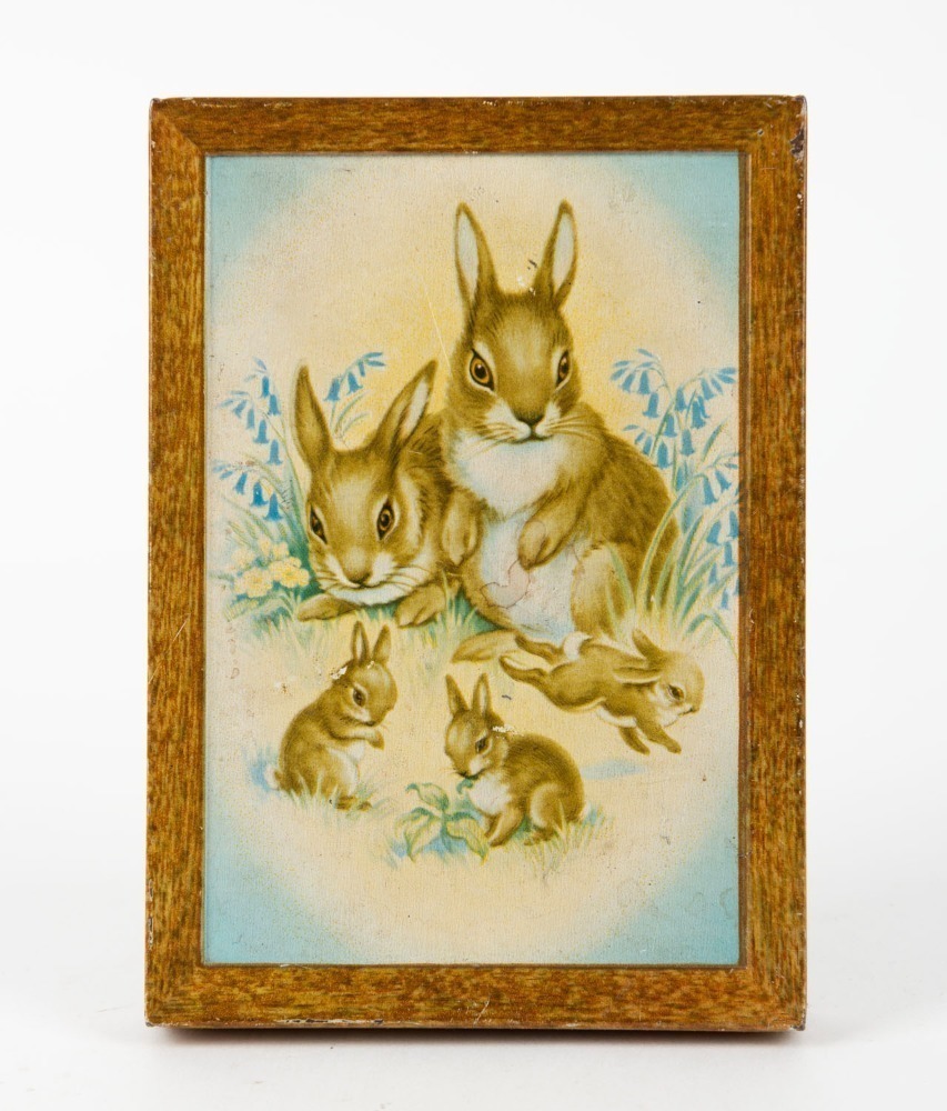 CHAD VALLEY vintage English tin lithograph money box with rabbits, 20th ...