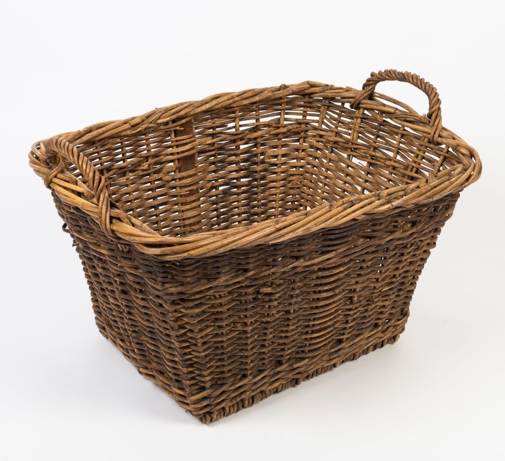 A vintage wicker basket with timber skid base, 49cm high x 73cm wide x ...