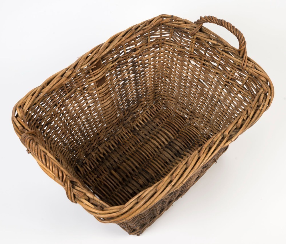 A vintage wicker basket with timber skid base, 49cm high x 73cm wide x ...
