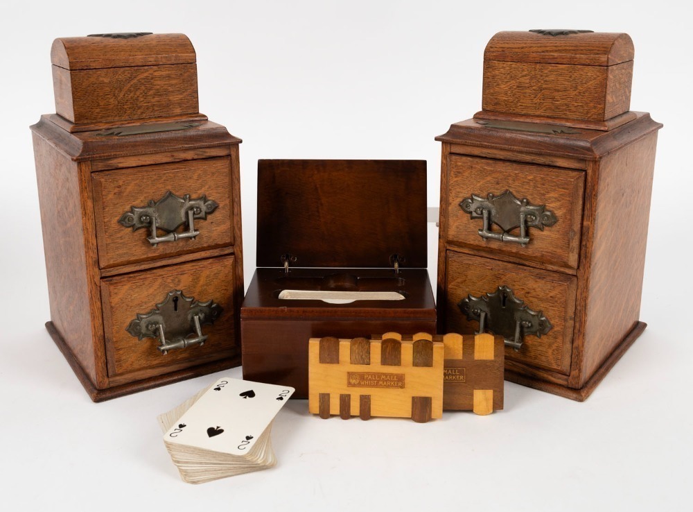 A pair of antique oak gaming boxes with two antique whist scorers, plus ...