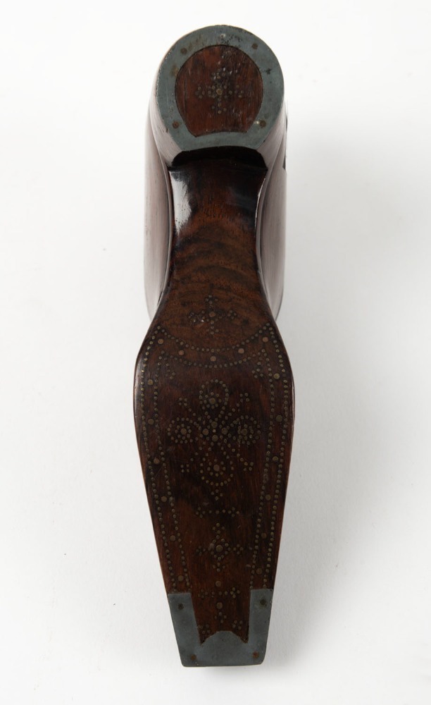 Three antique boot shaped boxes, 18th/19th century, the largest 17cm long