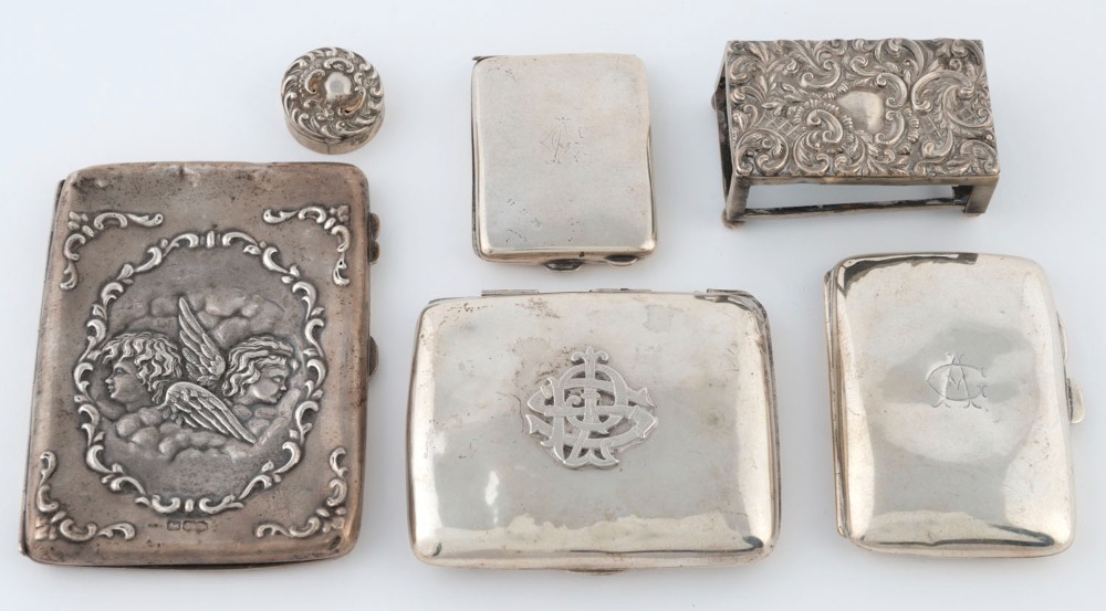 Silver matchbox holder, pill box, card case and cigarette cases, 19th ...