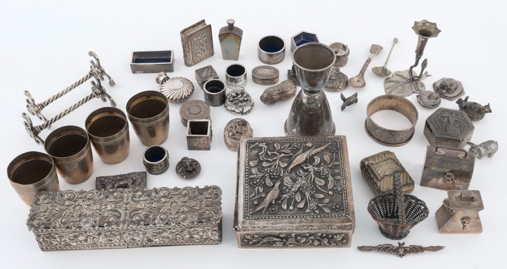 Assorted antique and vintage silver and silver plated ornaments, boxes ...