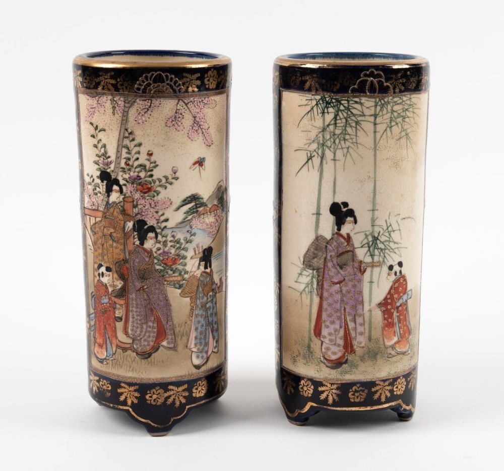 SATSUMA Japanese earthenware jardiniere on blue ground, together with a ...