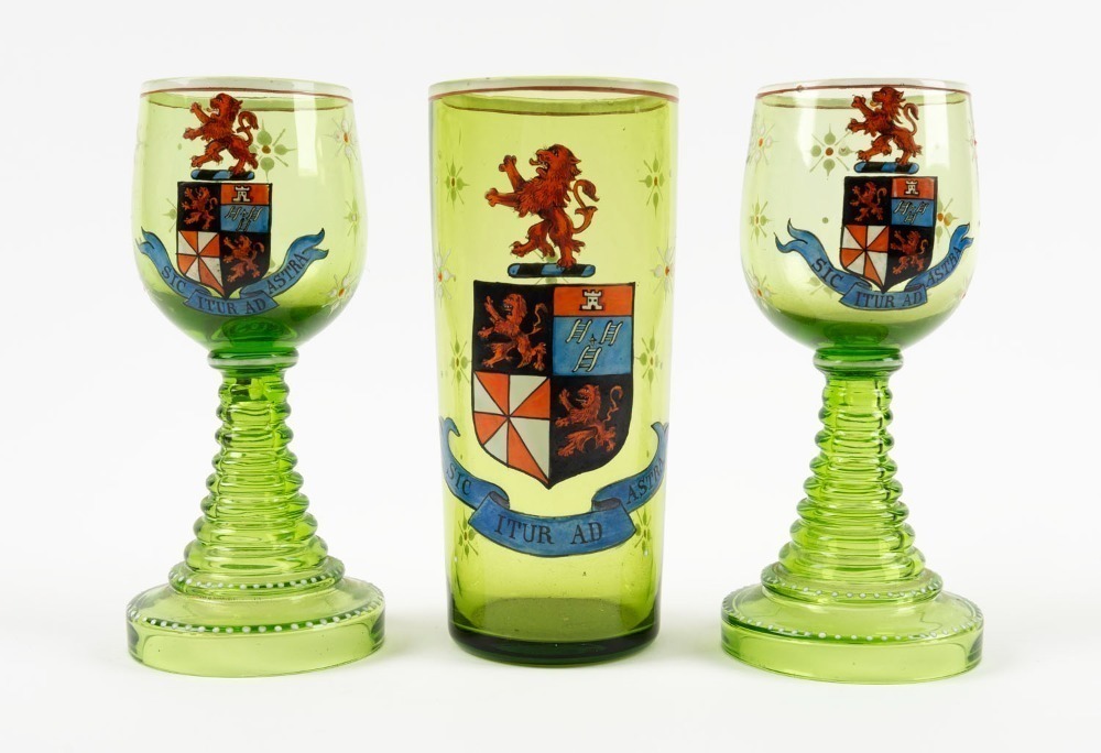 Three antique German glasses with enamel armorial crests, 19th century ...