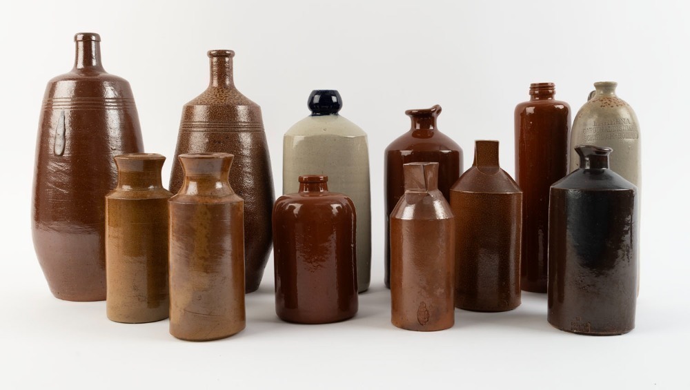 STONEWARE antique and vintage bottles and jars, including English and ...