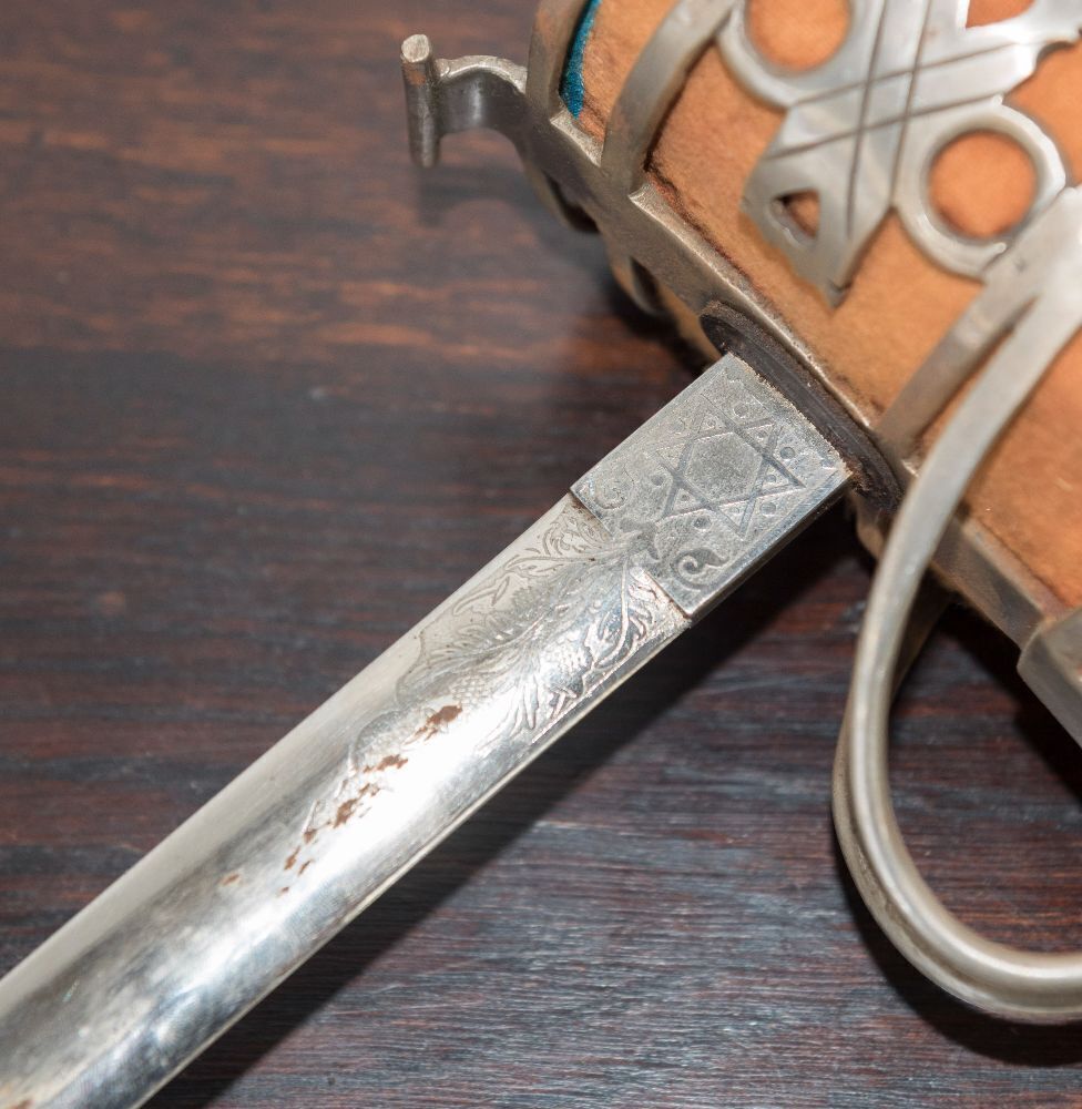 A vintage Scottish basket hilt sword and scabbard, bearing silver ...