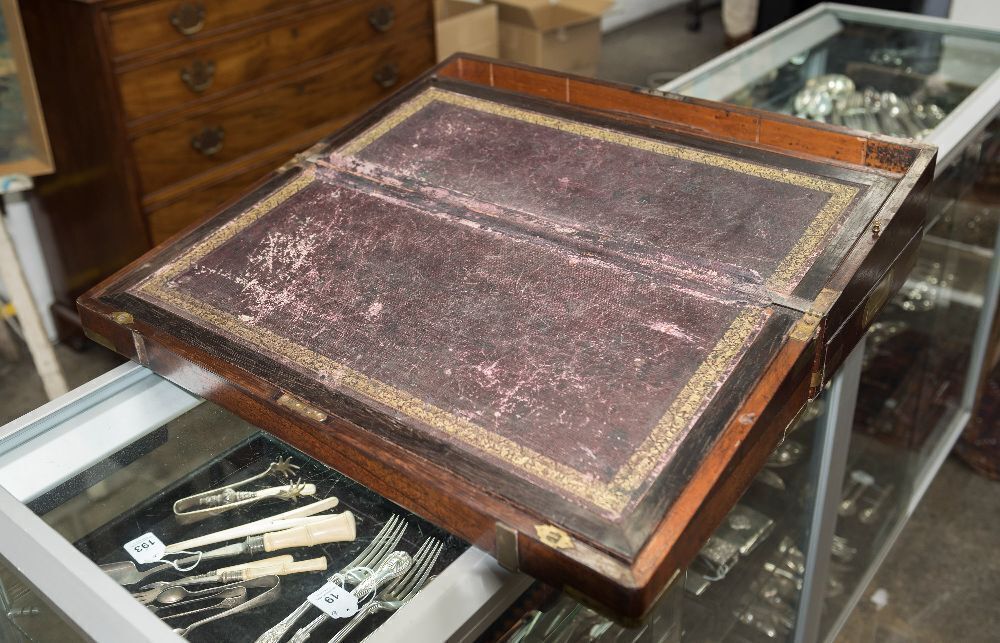 An antique English writing box, rosewood with brass bound edges and ...