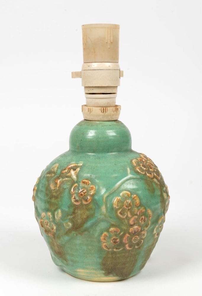 Nell McCREDIE green glazed pottery lamp base with floral decoration ...
