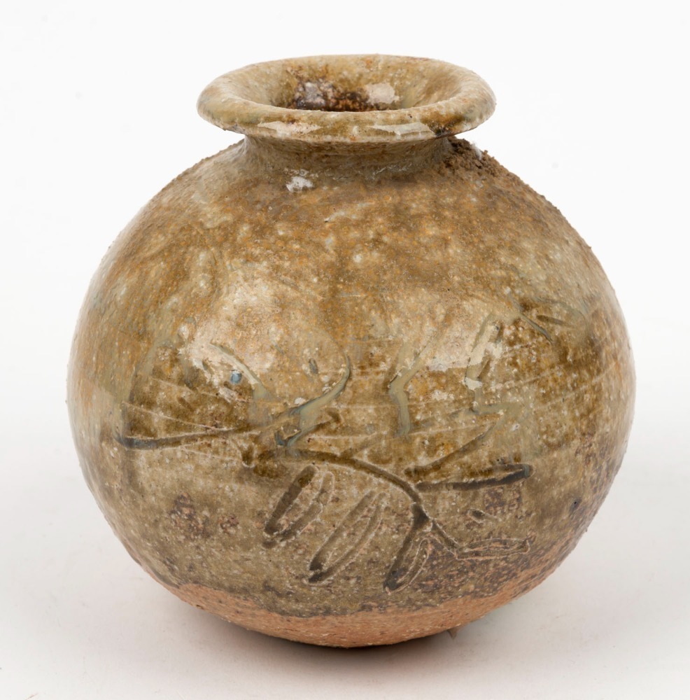 SHIGA SHIGEO brown salt glazed spherical studio pottery vase with ...