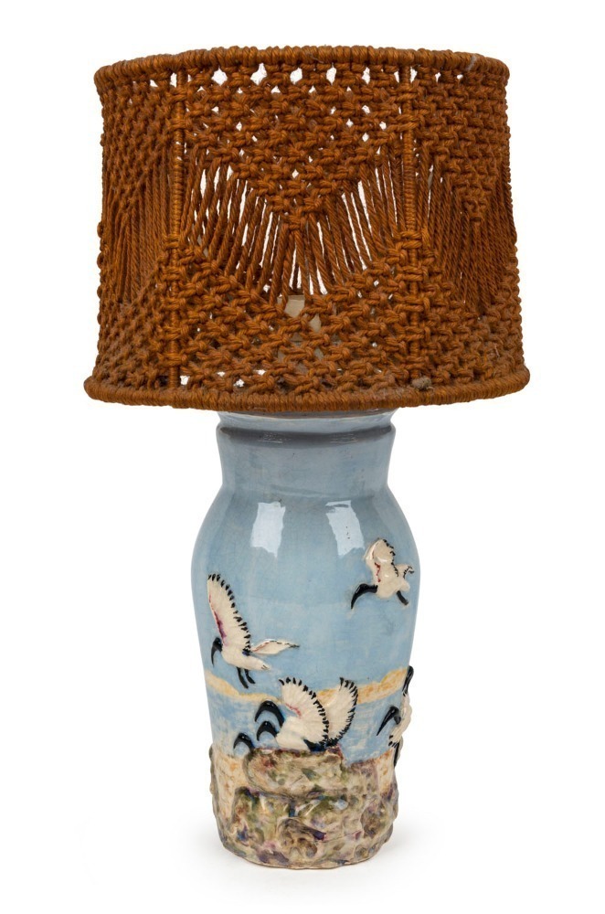 ARTIST UNKNOWN Australian art pottery table lamp and shade, decorated ...
