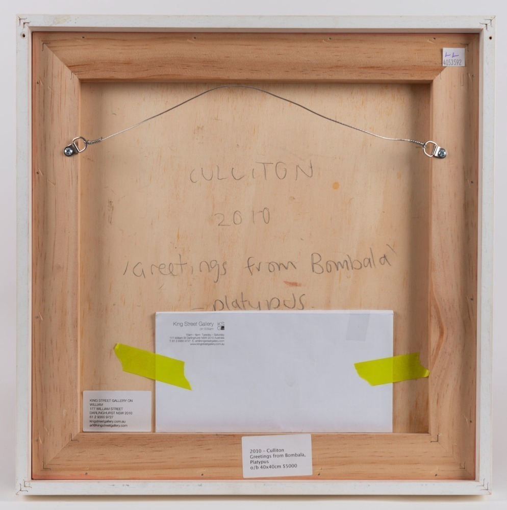 LUCY CULLITON (1966 - ), Greetings From Bombala platypus, oil on board ...