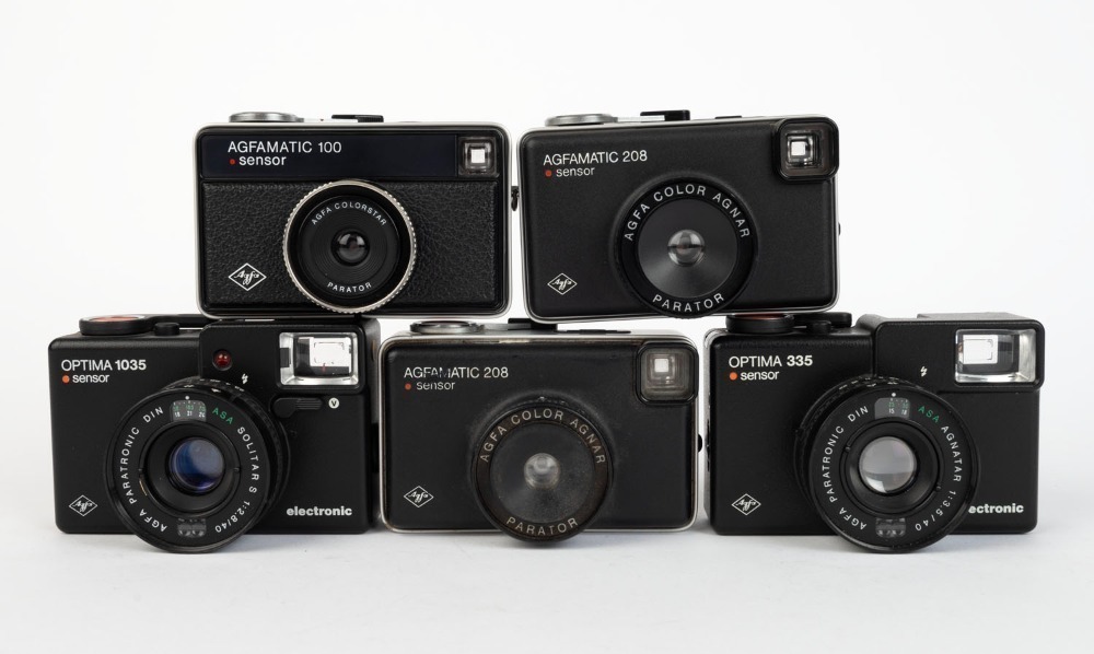 AGFA: Five c. 1970s compact cameras - one Agfamatic 100 Sensor, two Agfamatic 208 Sensors, one ...