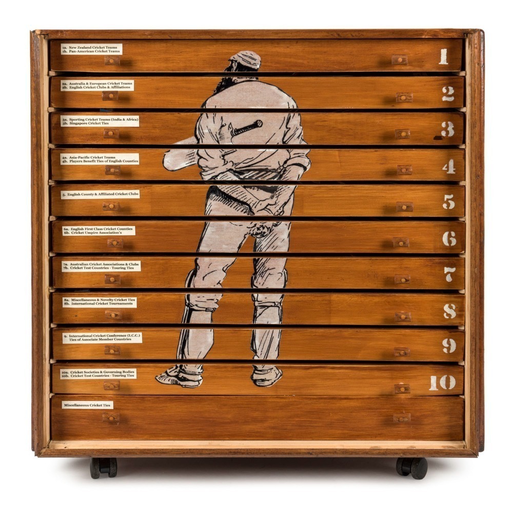 A COLLECTION OF CRICKET TIES HOUSED IN A SUPERB CUSTOM BUILT TIMBER ...