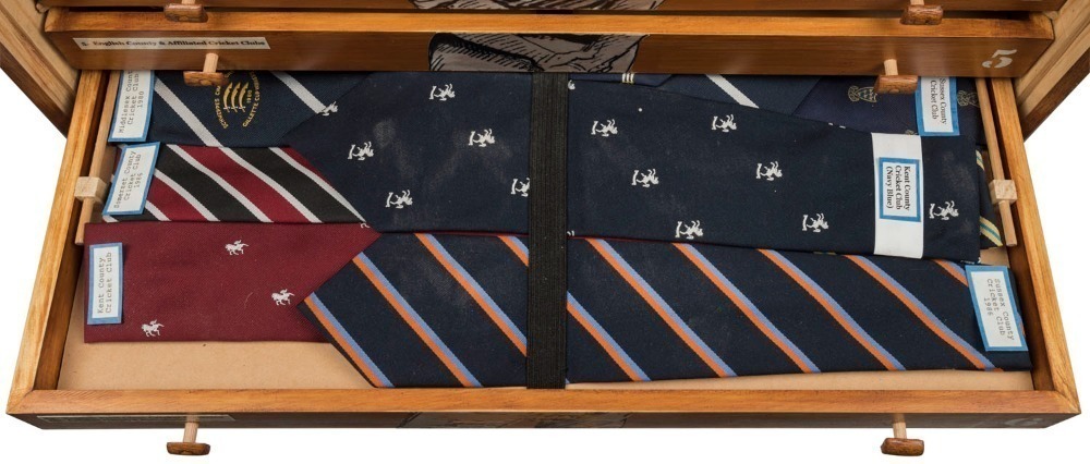 A COLLECTION OF CRICKET TIES HOUSED IN A SUPERB CUSTOM BUILT TIMBER ...