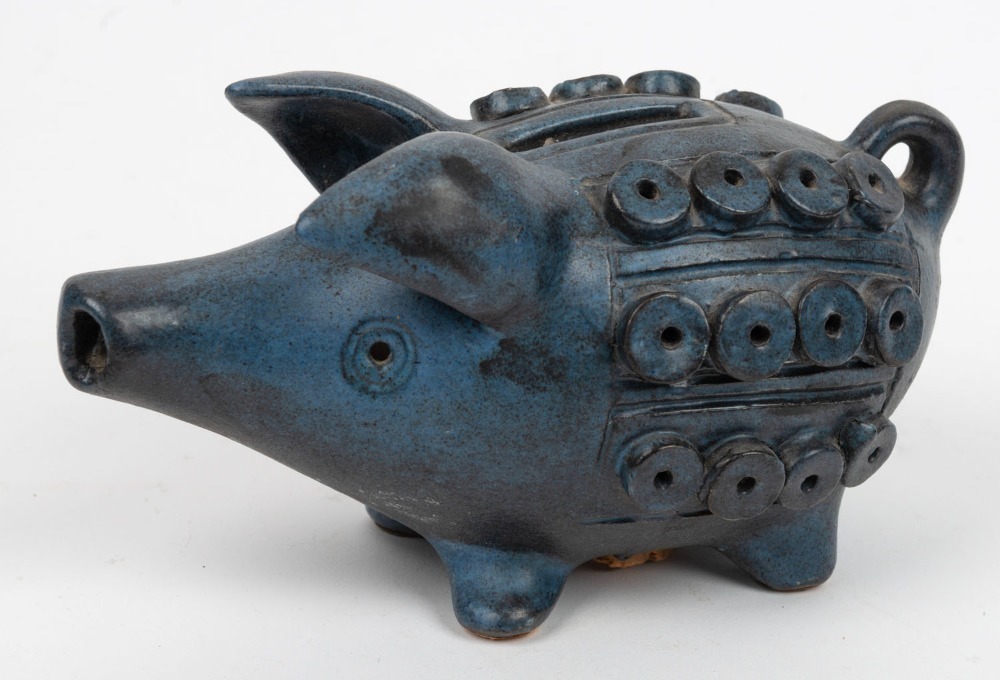 McLAREN blue glazed pottery piggy bank, incised McL , 11cm high, 20cm long