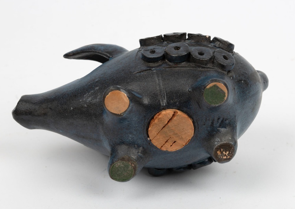 McLAREN blue glazed pottery piggy bank, incised McL , 11cm high, 20cm long