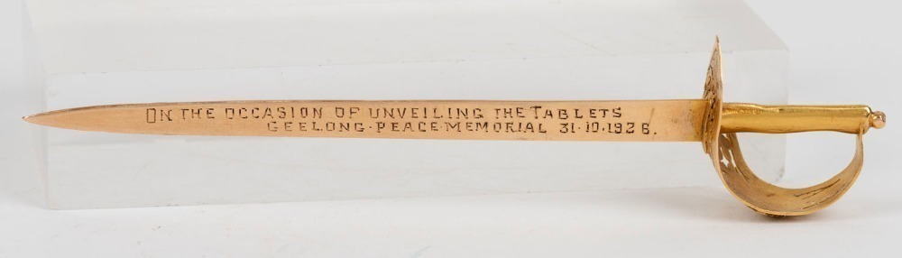 THE GEELONG PEACE MEMORIAL: A 15ct gold letter opener in the shape of a ...