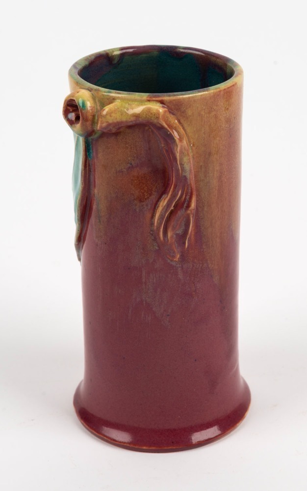 PAMELA impressive cylindrical pottery vase glazed in pink, green ...
