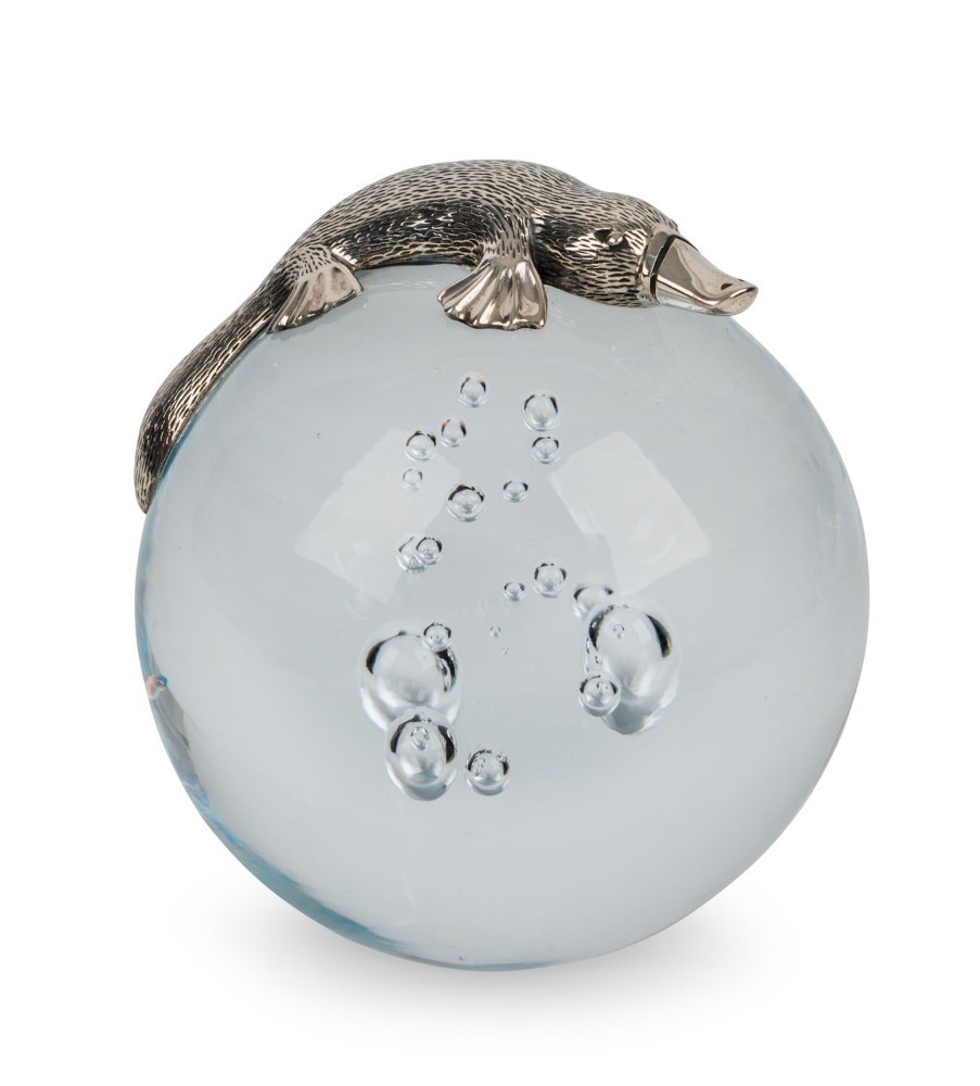 FLYNN Australian silver platypus sculpture mounted on spherical glass ...
