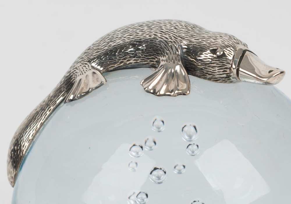 FLYNN Australian silver platypus sculpture mounted on spherical glass ...