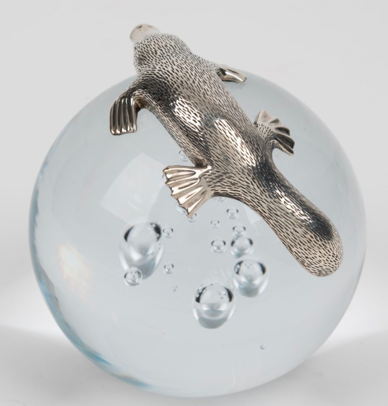 FLYNN Australian silver platypus sculpture mounted on spherical glass ...