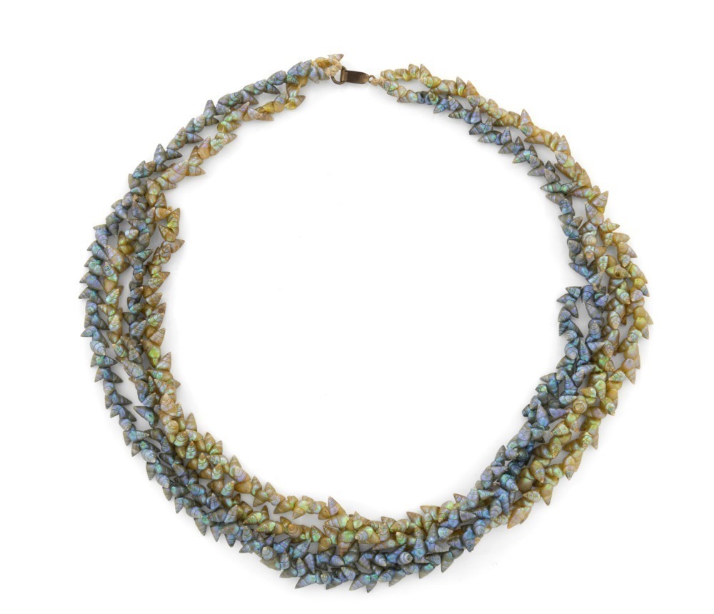 A triple strand Tasmanian mariner shell bead necklace, 62cm long