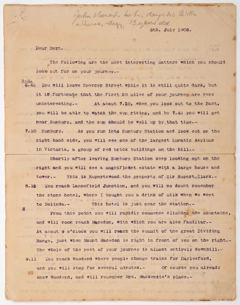 A seven-page typed LETTER FROM MONASH TO HIS DAUGHTER, BERTHA: dated ...