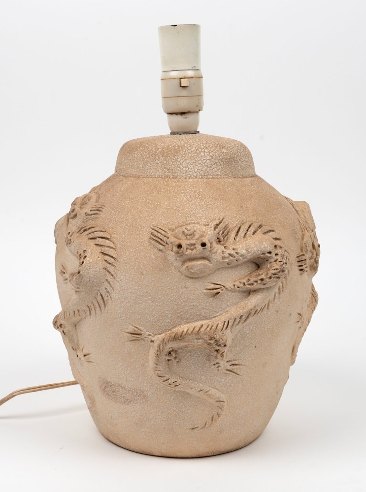 ERIC JUCKERT pottery lamp base with dragon motif, incised Jacqueline ...