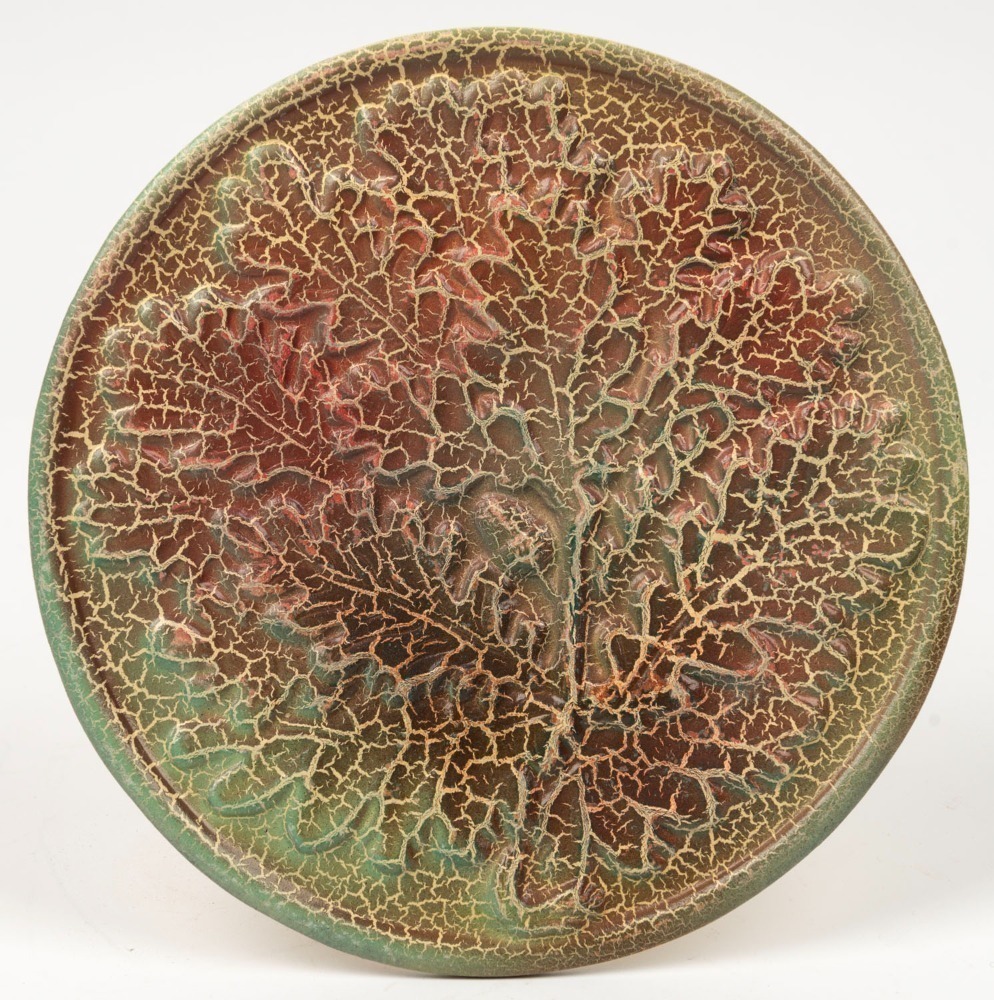 LITHGOW hand-painted pottery leaf plate, impressed kangaroo mark to ...