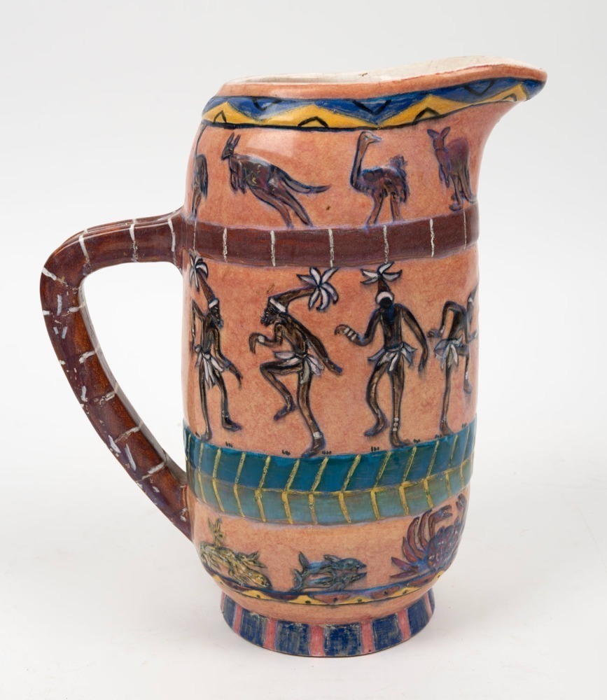 PAT PHILLIPS stunning pink pottery jug adorned with Aboriginal dancing ...
