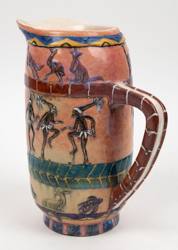 PAT PHILLIPS stunning pink pottery jug adorned with Aboriginal dancing ...