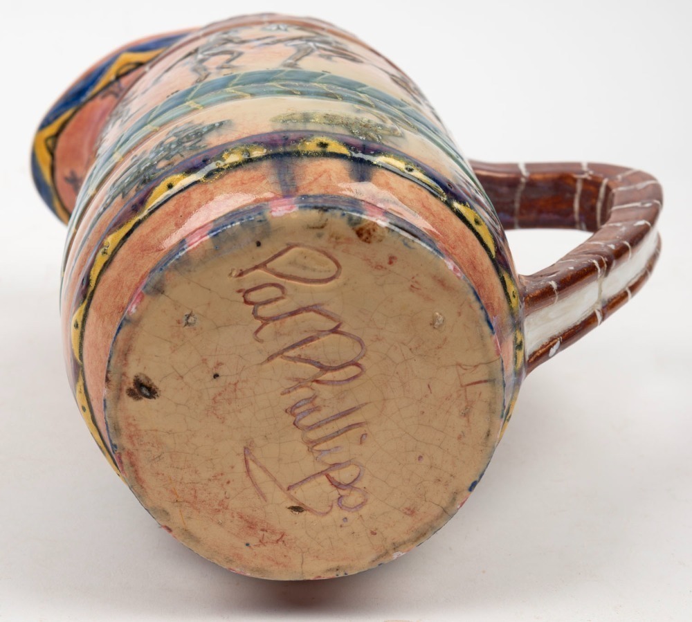 PAT PHILLIPS stunning pink pottery jug adorned with Aboriginal dancing ...