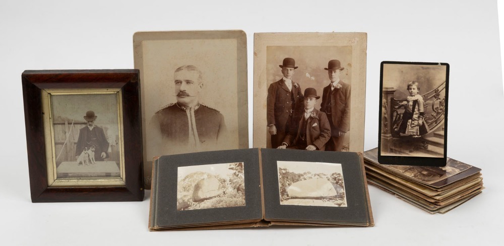 Assorted antique photographs including salon portrait size and small ...