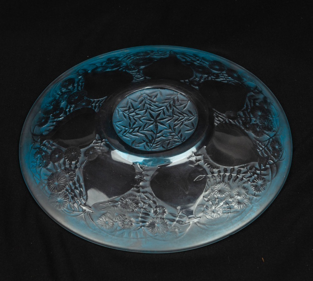 LALIQUE The Vase pattern French glass plate with blue stained finish ...