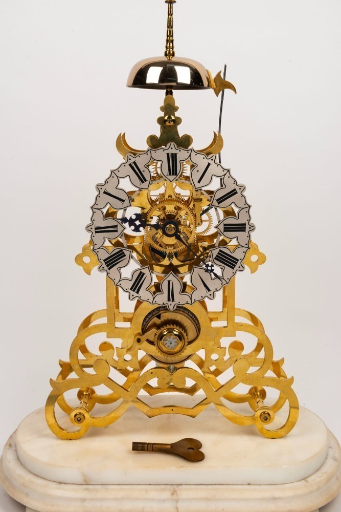 EVANS OF HANSWORTH antique English skeleton clock with scroll frames ...