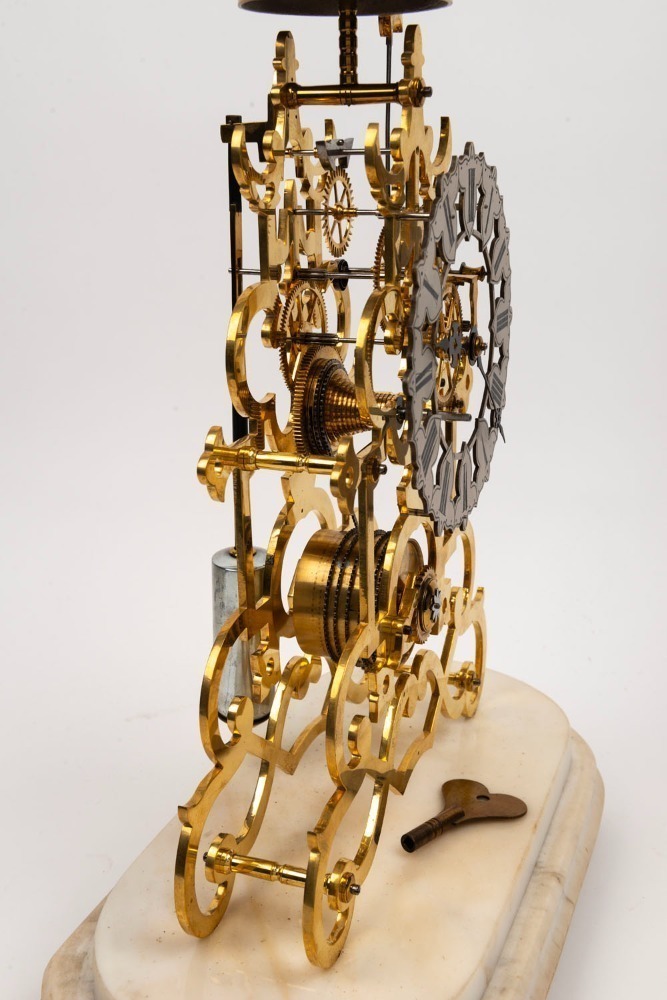 EVANS OF HANSWORTH antique English skeleton clock with scroll frames ...