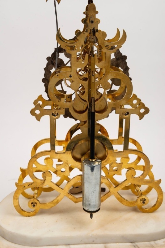 EVANS OF HANSWORTH antique English skeleton clock with scroll frames ...