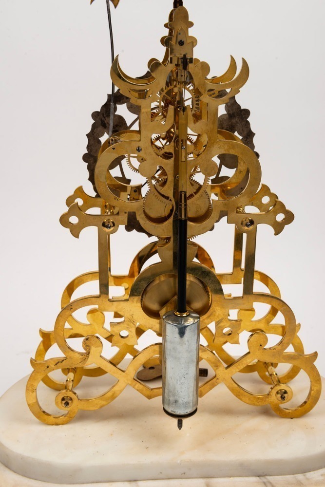 EVANS OF HANSWORTH antique English skeleton clock with scroll frames ...