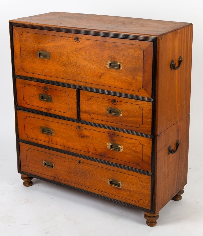 An antique Anglo-Chinese campaign secretaire chest in camphor wood with ...