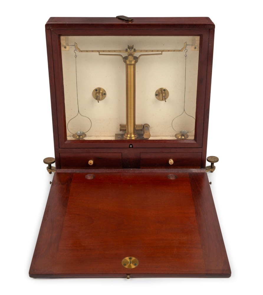 APOTHECARY ASSAY BALANCE SCALES fine antique example in mahogany case ...