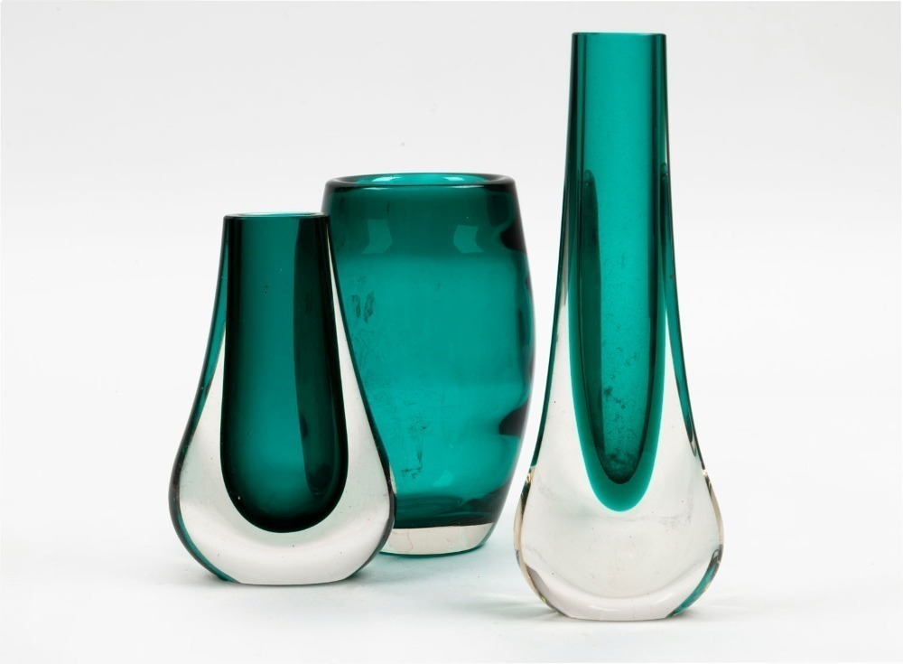 WHITEFRIARS three vintage English green art glass vases, including two ...