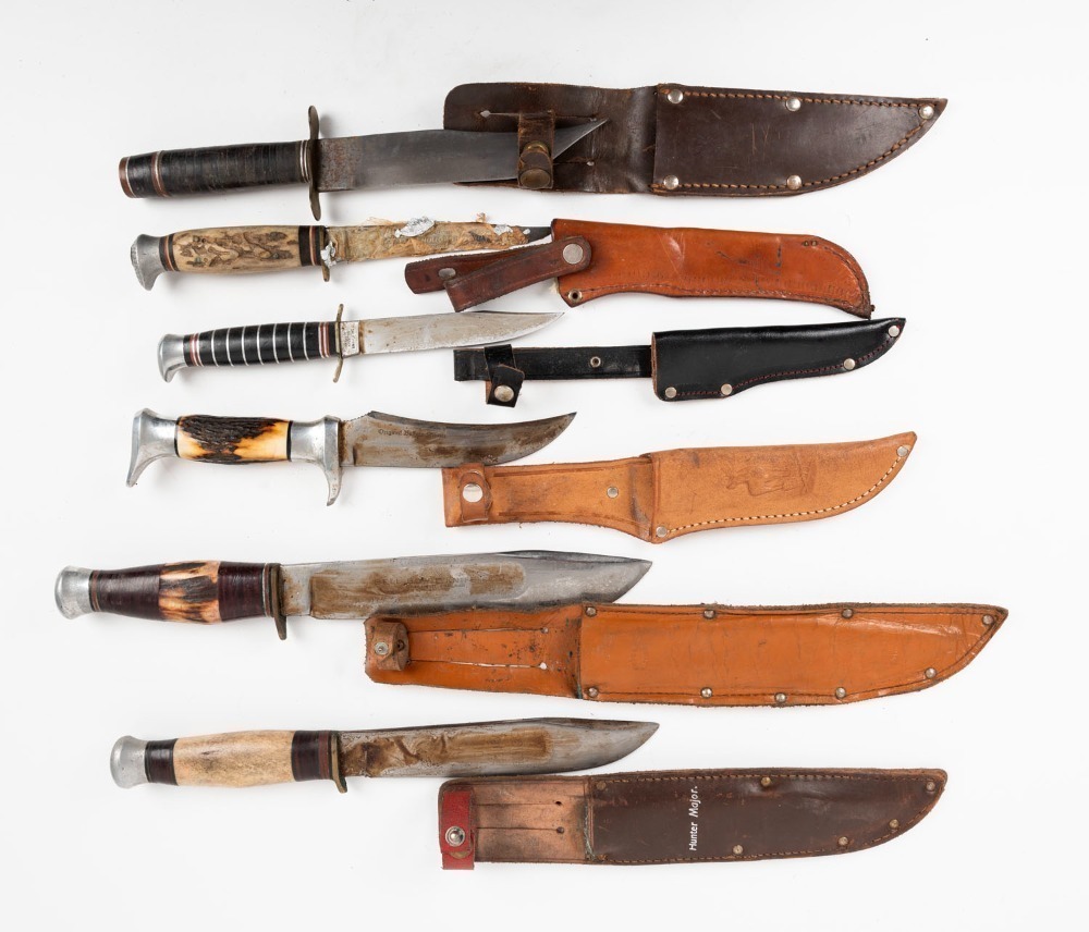 BOWIE & HUNTING KNIVES six assorted vintage examples, all with leather ...