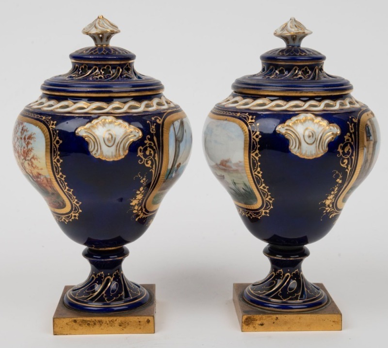 SEVRES pair of antique French porcelain urns with hand-painted scenes ...