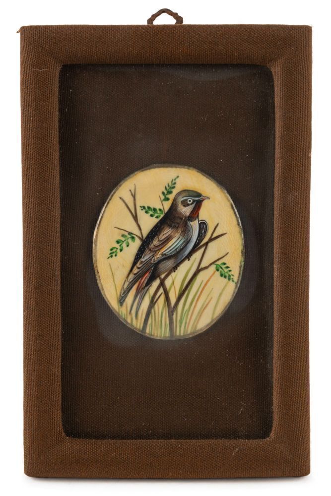 Set of six Indian oval miniature bird paintings on ivory, all mounted ...