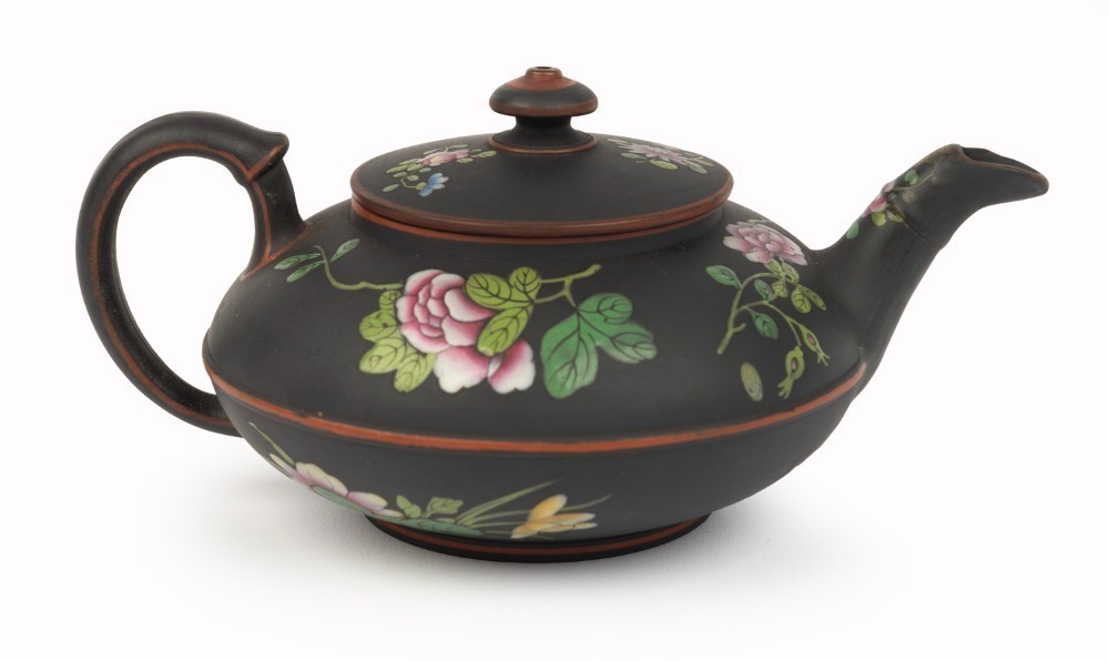 WEDGWOOD Capri Ware antique black basalt pottery teapot with floral ...