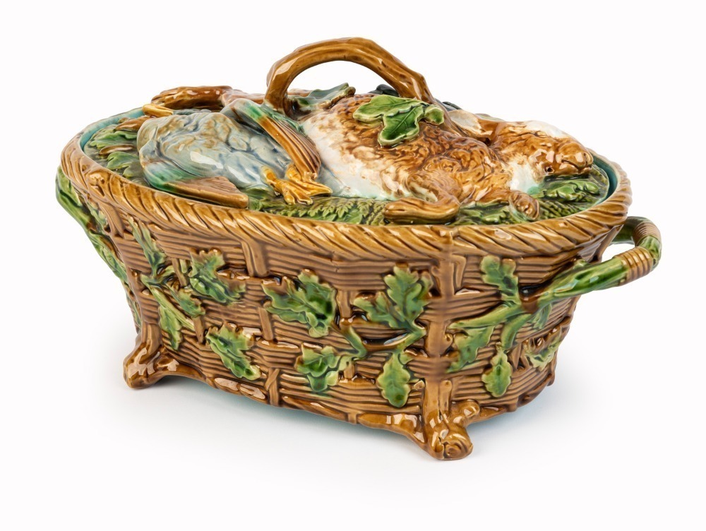Antique English majolica game tureen decorated with hare and ducks ...